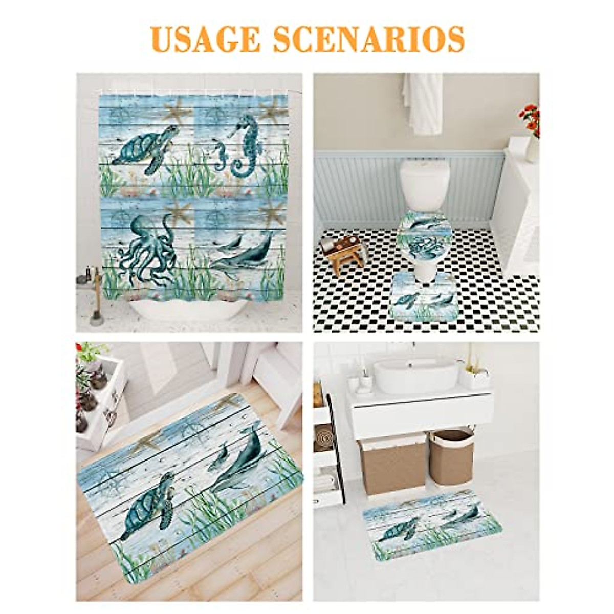 4 Pcs Shower Curtain Set with 12 Hooks Sea Turtle Octopus Whale Wood Grain Bathroom Sets with Non-Slip Bath Mat Toilet Lid Cover Waterproof Durable Shower Curtain and Rugs