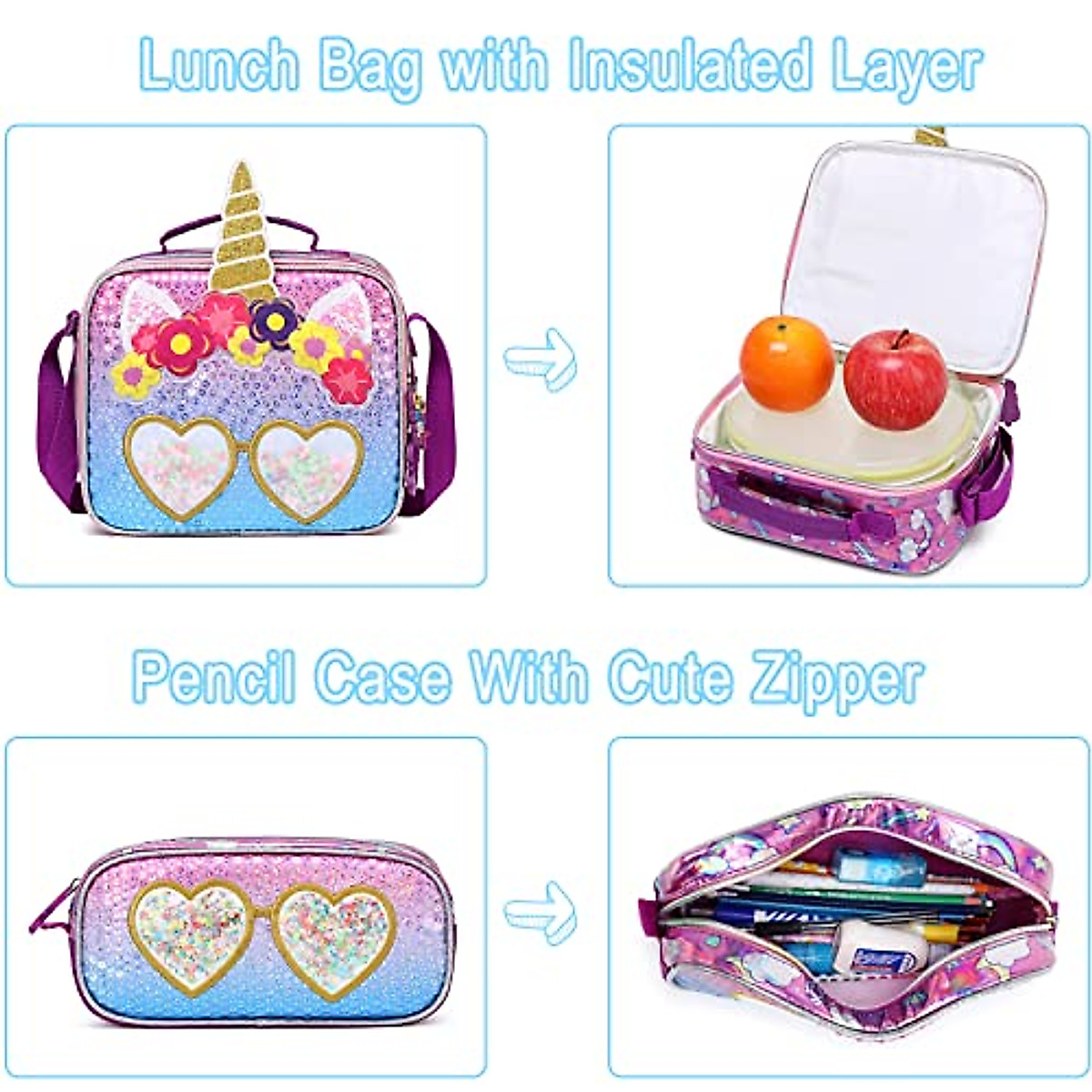 Robhomily Unicorn Sequins Girls Backpack with Lunch Box Set for Elementary School,17 inch Sparkly Bling School Backpack for Girls with Lunch Bags Set