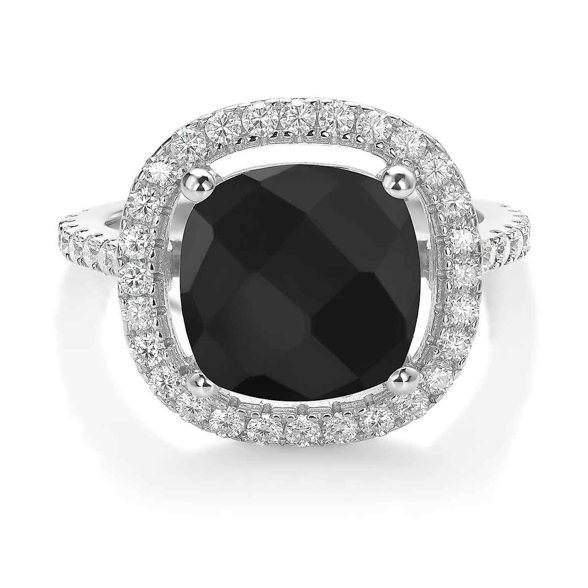 Gem Stone King 925 Sterling Silver 10MM Cushion Cut Gemstone Birthstone and White Moissanite Engagement Ring | Wedding Anniversary Promise Ring For Women | Ring Size 5-9