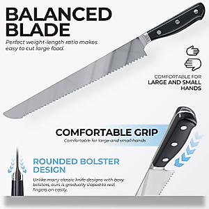 FOXEL Best Bread Knife 10 Inch Serrated - Razor Sharp Rust Resistant Japanese VG10 Steel for Cutting Bread, Cake, Sourdough, Sandwiches, Bagels, and Hard Crust - Black Handle