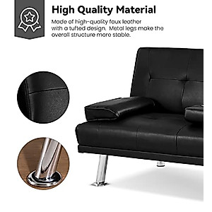 Lamerge Sofa Bed with 2 Cup Holders,PU Leather Convertible Upholstered Folding Sofa,67" L Multi-Functional Futon Sofa Couch for Small Space, Apartment,Dorm, Removable Armrest,Black