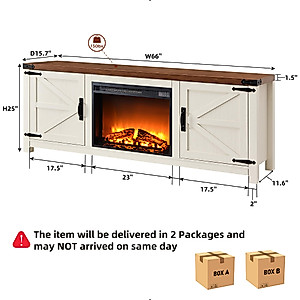 OKD Farmhouse Fireplace TV Stand for 70 75 Inch TV, Rustic Entertainment Center with 23" Electric Fireplace, Barn Door, Adjustable Shelves, Wood Media Console Cabinet for Living Room, Antique White