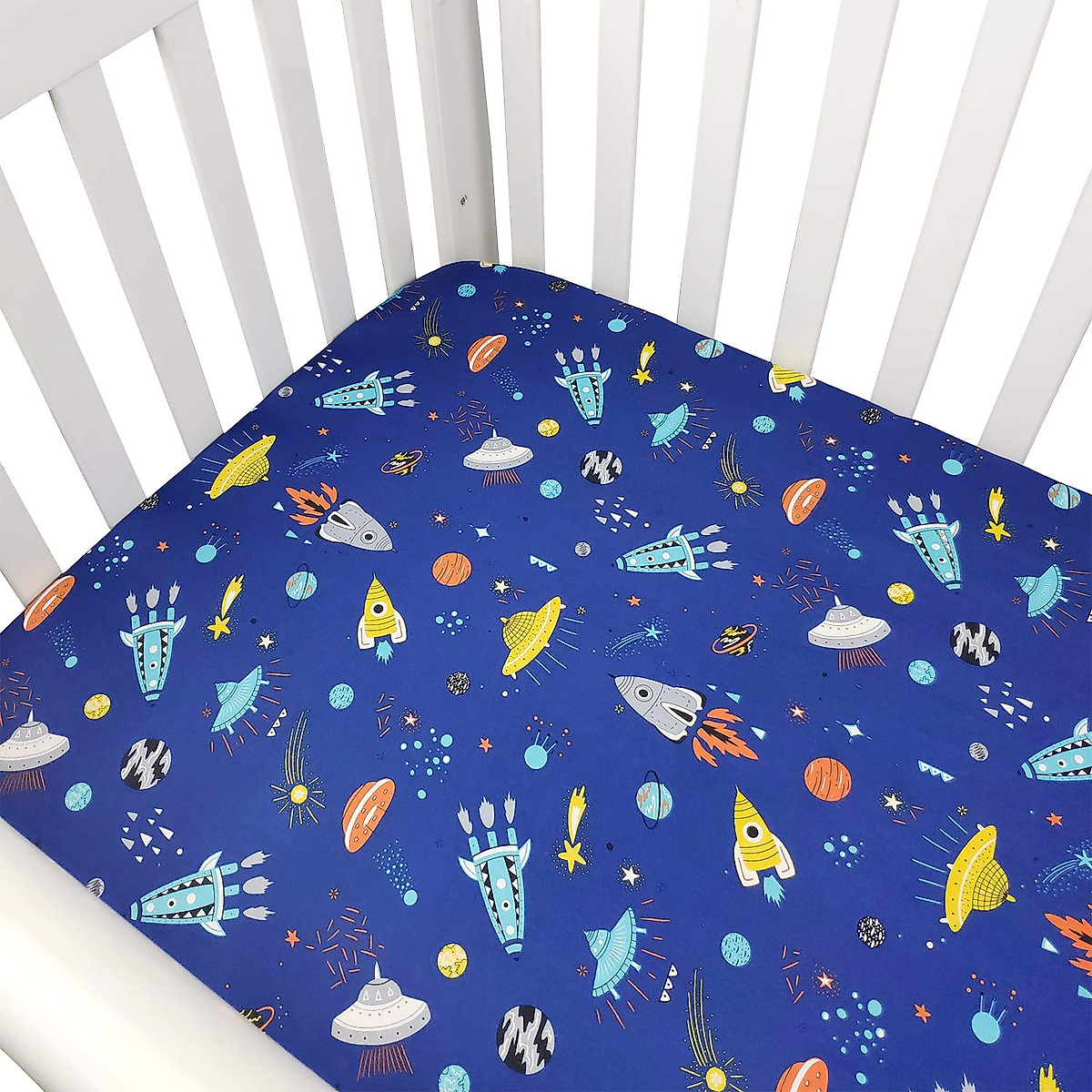 Brandream Baby Boys Crib Bedding Sets Outer Space Rocket Planet Astronaut Nursery Bedding Set,3 Piece Baby Newborn Crib Comforter Sets 100% Cotton, Navy/White