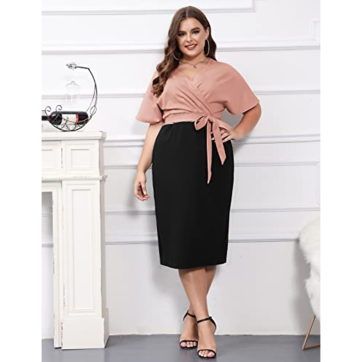 Wedding Guest Dress for Women Vintage Short Sleeve Slim Fit Belted V Neck Wrap Dresses Pink Black L