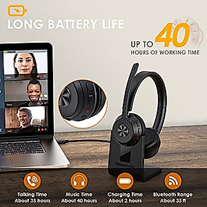 Bluetooth Headset V5.1, Wireless Headset with Noise Canceling Microphone, 40 Hrs Work Time Office Headset with Bluetooth Dongle & Charging Base, AptX HD On-Ear Headphones with Mute Button