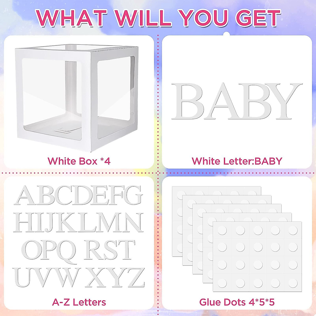 Baby Shower Decorations for Boy Girl, 4PCS Graduation Decor Blocks with 30PCS Letters(A-Z+BABY) Bridal Shower Decorations Transparent Ballon Boxes Gender Reveal Party Supplies Favor Birthday Backdrop
