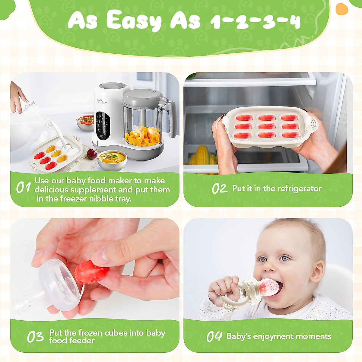 BEAR Baby Food Maker & Baby Fruit Food Feeder & Mini Freezer Nibble Tray & Baby Food Pouches Combo