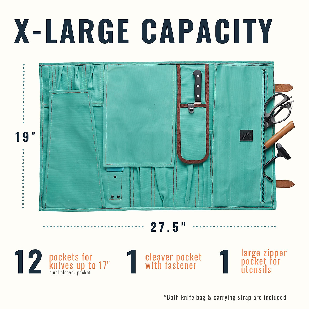 Professional Chef Knife Roll Bag - 12-Slot Waxed Canvas Knife Bag for Knives and Tools - Durable Water-Resistant Chef Roll - Essential Travel Knife Bags for Chefs and Culinary Enthusiasts