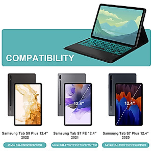 Samsung Galaxy Tab S8 Plus/S7 FE/S7 Plus 12.4 inch Keyboard Case, Smart Touchpad with S Pen Holder, 7 Color Backlit and Detachable Wireless Keyboard Cover, for Tab S7 FE 2021/S7+ 2020/S8+ 2022, Black