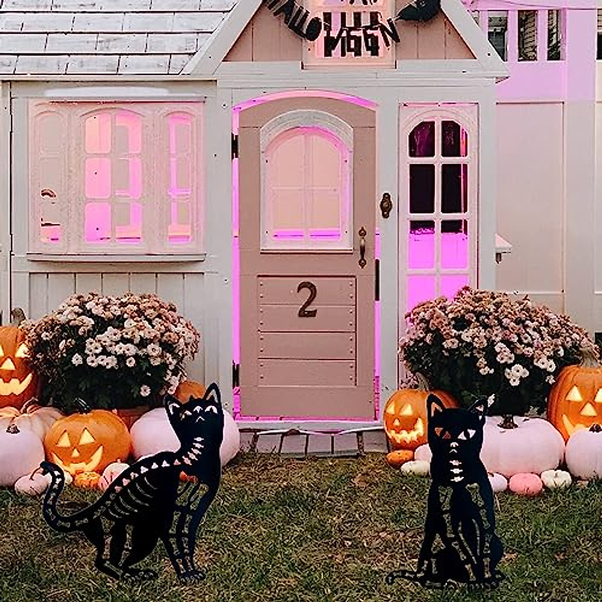 YEAHOME Halloween Decorations Outdoor, 2 Pack Skeleton Black Cat Garden Stakes for Halloween Decor, Scary Metal Cat Silhouette Yard Signs for Outside Garden Lawn Patio Party Decorations