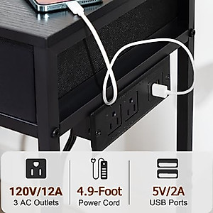 AMHANCIBLE Tall Night Stand, Nightstands Set of 2 with Charging Station, End Side Tables with Fabric Drawer and Shelf, Telephone Table for Living Room, Small Spaces, Black HETT03BK