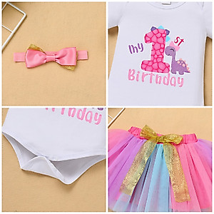 Pink Dinosaur Party Supplies 1ST Birthday Boho Rainbow Tutu Outfit for Baby Girl Wild One Year Old Party Cake Smash Photo Shooting Props Spring Easter Dress Headband Clothes Set Rose Gold 12 Months
