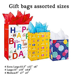 Birthday Gift Bag with Handle and Tissue Paper, 12 Pcs Gift Bags Assorted Sizes and Designs, Large, Medium, Small Size Birthday Gift Bag for Boys, Girls, Women and Men’ Birthdays Party ( Sizes 15.5”, 13”, 9” )