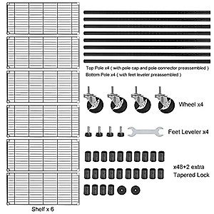 Storage Shelves 6-Tier Wire Shelving Unit Garage Shelving with Wheels 2100LBS Capacity,18" D x 48" W x 78" H Metal Shelves Storage Rack Heavy Duty Shelving for Garage Kitchen Pantry,Black