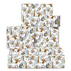 CENTRAL 23 Baby Shower Wrapping Paper Neutral - 6 White Gift Wrap Sheet - Musical Animals - Birthday Wrapping Paper Girls Boys Kids - Comes With Fun Stickers