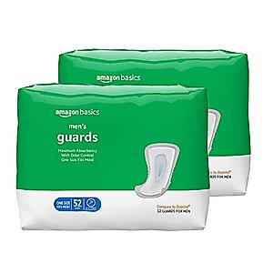 Amazon Basics Incontinence Guards for Men, Maximum Absorbency, 104 Count, 2 Packs of 52, White (Previously Solimo)
