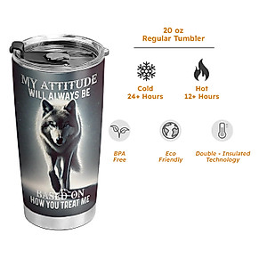 20oz Wolf Tumbler, Wolves Attitude Gifts for Wolf Lovers, Coffee Thermos for Men, Women, Stainless Steel Double Wall Vacuum Insulated Coffee Mug, Travel Cup with Lid - A