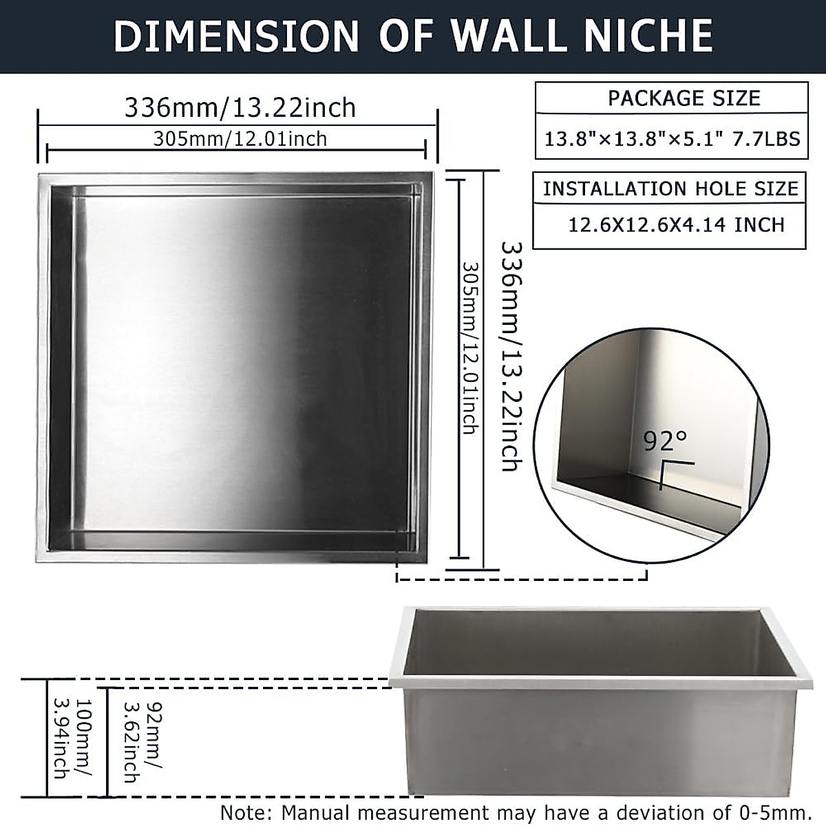 Supllueer Shower Niche Stainless Steel Storage Rack 12" x 12", Schluter Niche, Nickel Wall-Inserted Niche Recessed, Recessed Shower Shelf Modern and Elegant Soap Niche for Bathroom