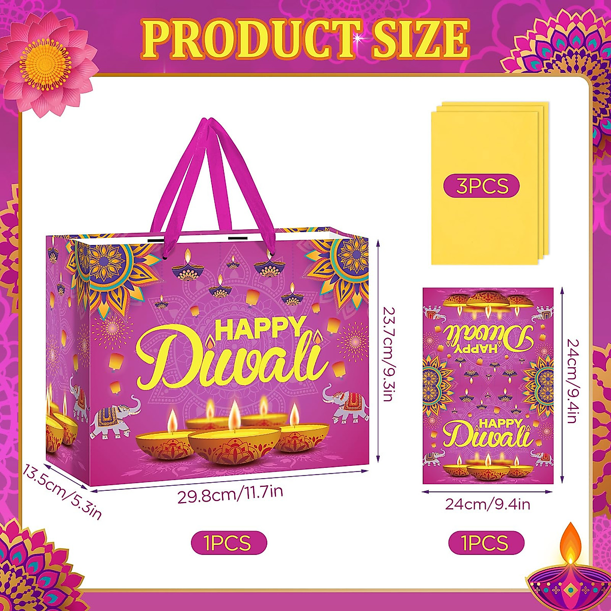 Happy Diwali Gift Bags Diwali Party Supplies Festival of Lights Favors Gift Bags with Wrapping Paper and Card Large Indian Diwali Wrapping Paper Bag Pink Candlelight Goodie Bags Deepavali Decoration