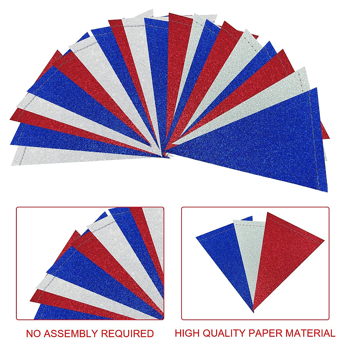 XIANMU Patriotic Pennant Banner Red Blue Silver/White Triangle Flag Bunting Banner Patriotic Decorations Glitter Paper Garlands for 4th of July Independence Day Party Decorations Supplies 40 Feet