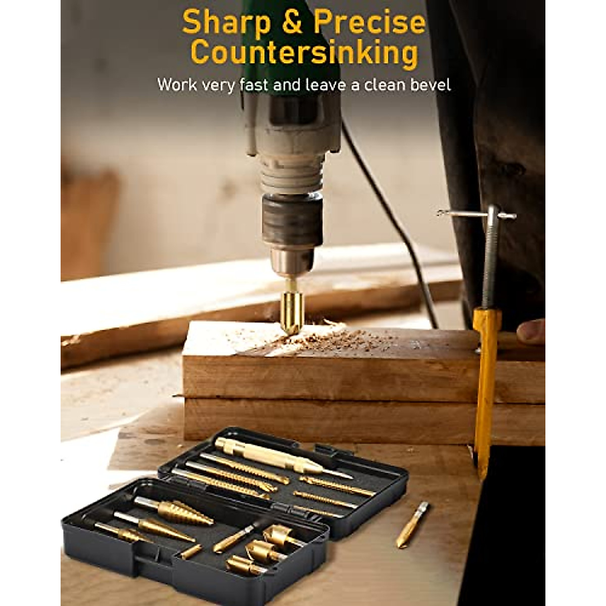 WENHUALI 16Pcs Drill Bit Set with Case, Including Titanium Coated 3Pcs Step Drill Bit, 6Pcs Countersink Drill Bits, 6Pcs High Speed Steel Twist Drill Bits for Metalworking, Woodworking, Hole Drilling