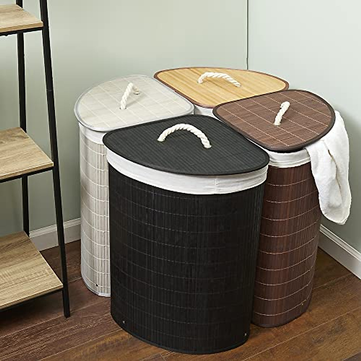 Home Basics Folding Corner Bamboo Hamper with Liner | Holds 2 Loads of Laundry | Top Handle | Removable, Washable Cotton Liner (Grey)