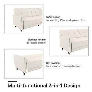DHP Andora 76 Inch Futon Sofa Bed in Faux Leather, Modern Upholstered Couch Sleeper with Button Tufted Back and Seat, White