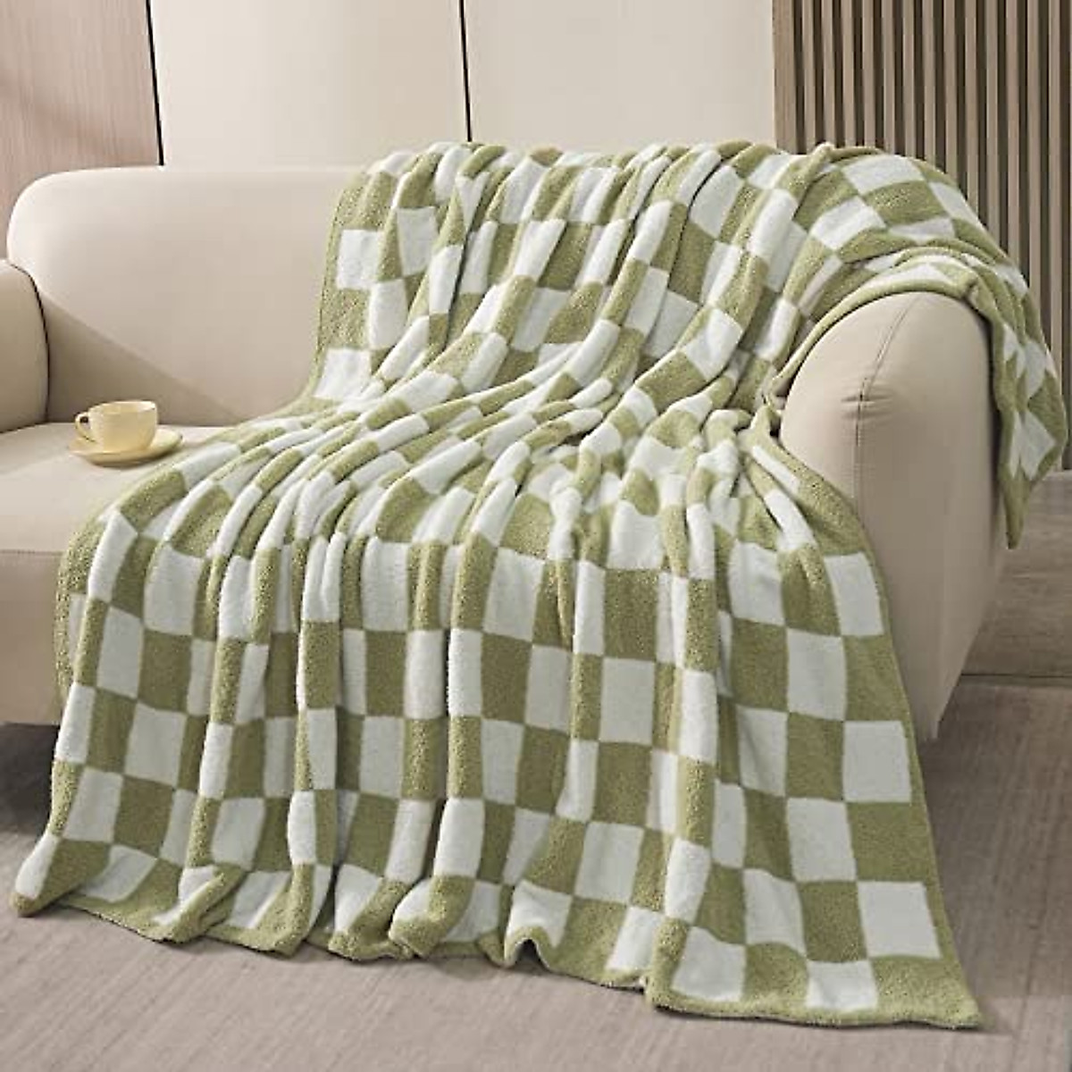 Checkered Throw Blanket Soft Fuzzy Lightweight Warm Preppy Aesthetic Decor for Couch,Chair,Sofa,Bed(Sage Green,51"x63")