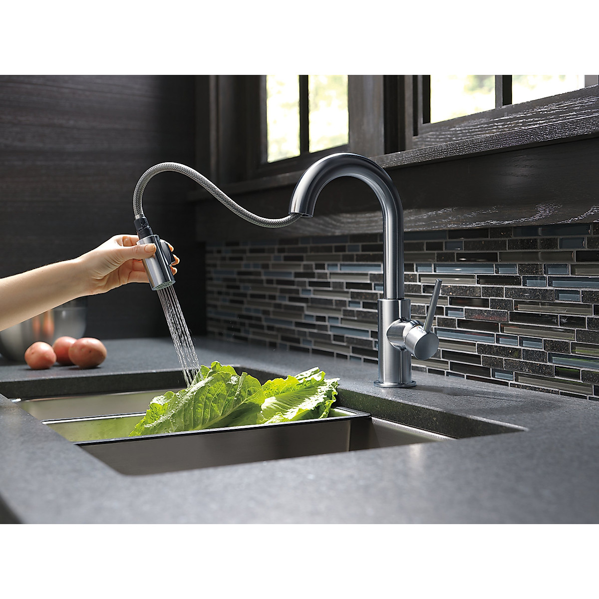 Delta Faucet Trinsic Bar Faucet Brushed Nickel, Bar Sink Faucet Single Hole, Wet Bar Faucets with Pull Down Sprayer, Prep Sink Faucet, Faucet for Bar Sink, Arctic Stainless 9959-AR-DST
