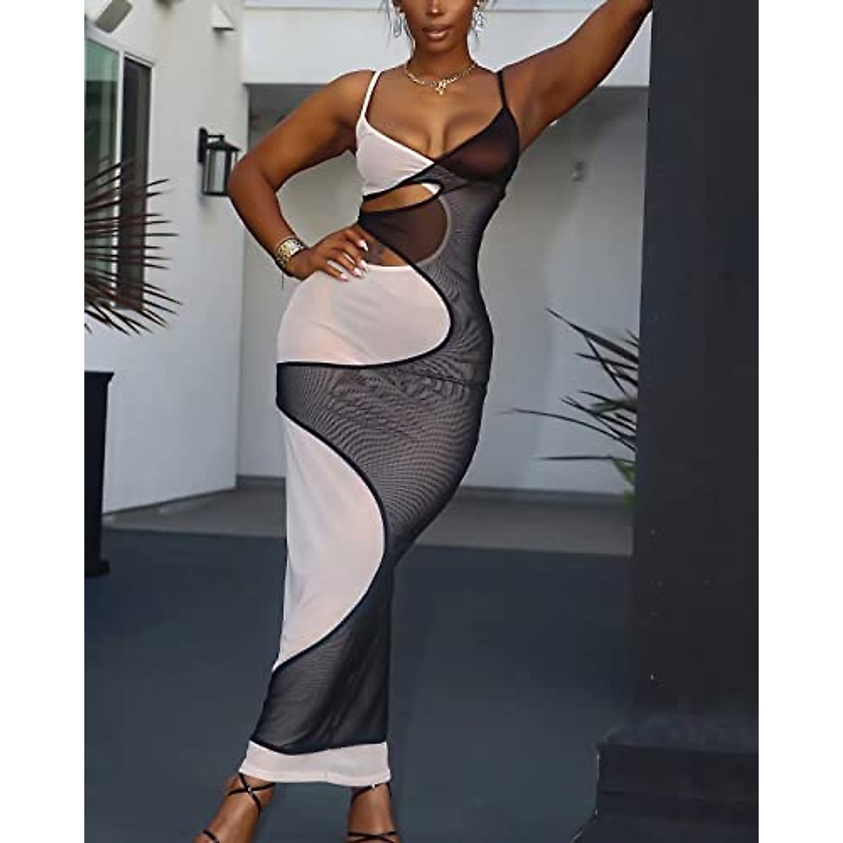 Uni Clau Women Sexy Sheer Mesh Dress Ruched Hollow Out Layering Bodycon Long Dresses Party Club Wear Black