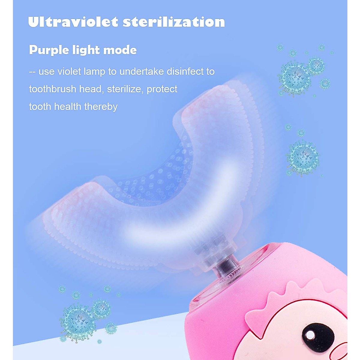 NC Kids Automatic Toothbrush with Blue Lights,U Shaped Design,USB Charging with Water Cup,IPX7 Waterproof,45s Cleans All Teeth,Pink