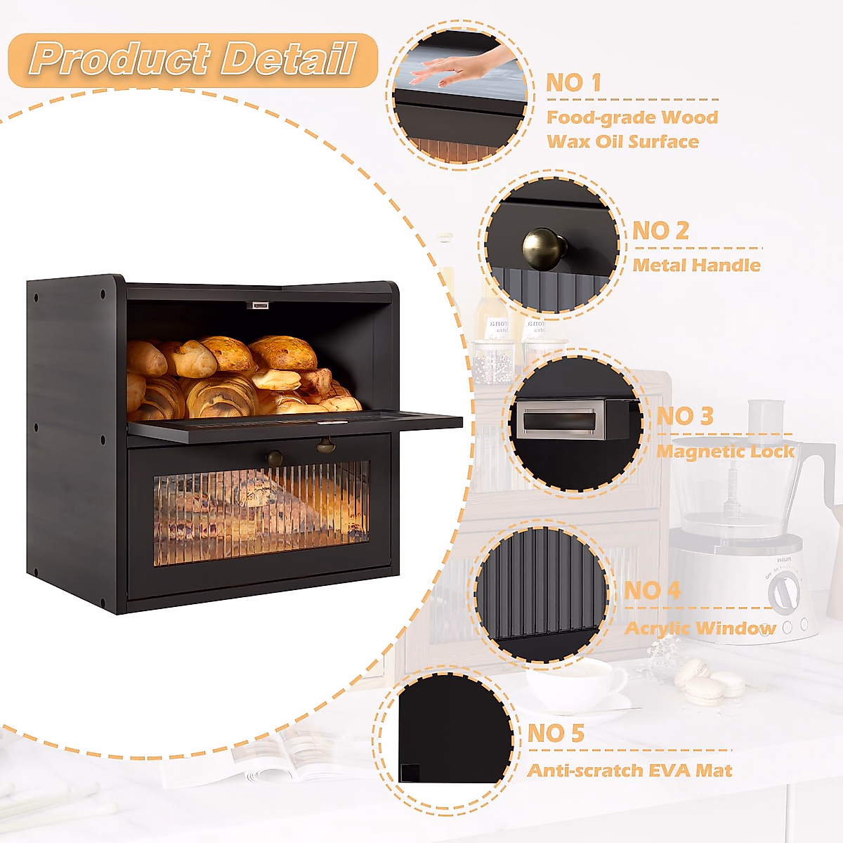 Alpeir Double Layer Large Bread Box for Kitchen Counter, Wooden Corner Bread Storage Container with Acrylic Window, Black