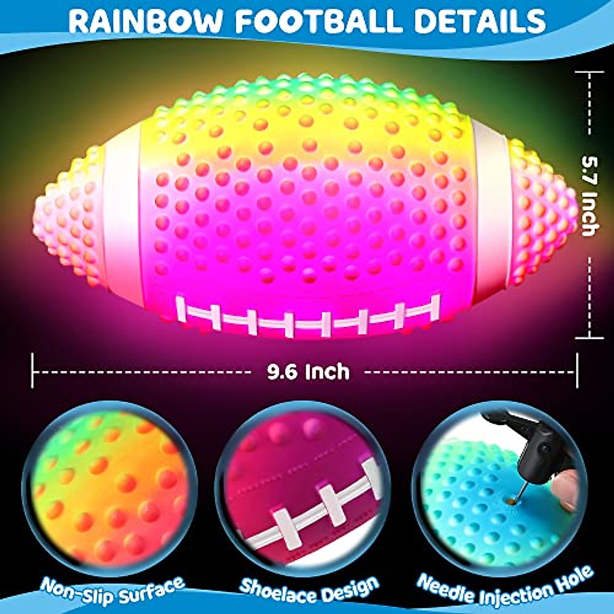 Enhon Light up Swimming Pool Football, 9.6 Inch Glow in The Dark Football, Waterproof Rainbow Football for Under Water Passing Dribbling, Pool Water Diving Ball Game Toys for Teens Adults