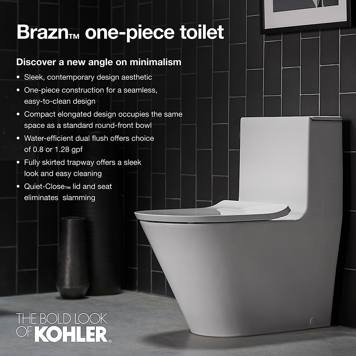 KOHLER 22378-0 Brazn One-Piece Compact Elongated Toilet with Skirted Trapway, Dual-Flush 0.8 or 1.28 GPF, White
