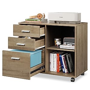 DEVAISE 3 Drawer Mobile File Cabinet, Wood Lateral Filing Cabinet, Printer Stand with Open Shelves for Home Office, Gray Oak