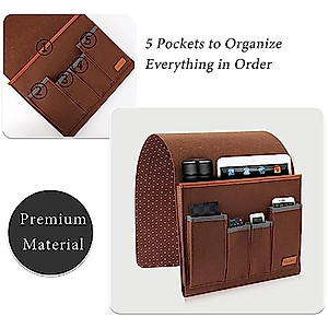Geeice Sofa Armchair Caddy, Remote Control Holder 5 Pockets Organizer for Recliner Couch, Armrest Side Pocket Storage for Magazine Tablet and Phone, Brown