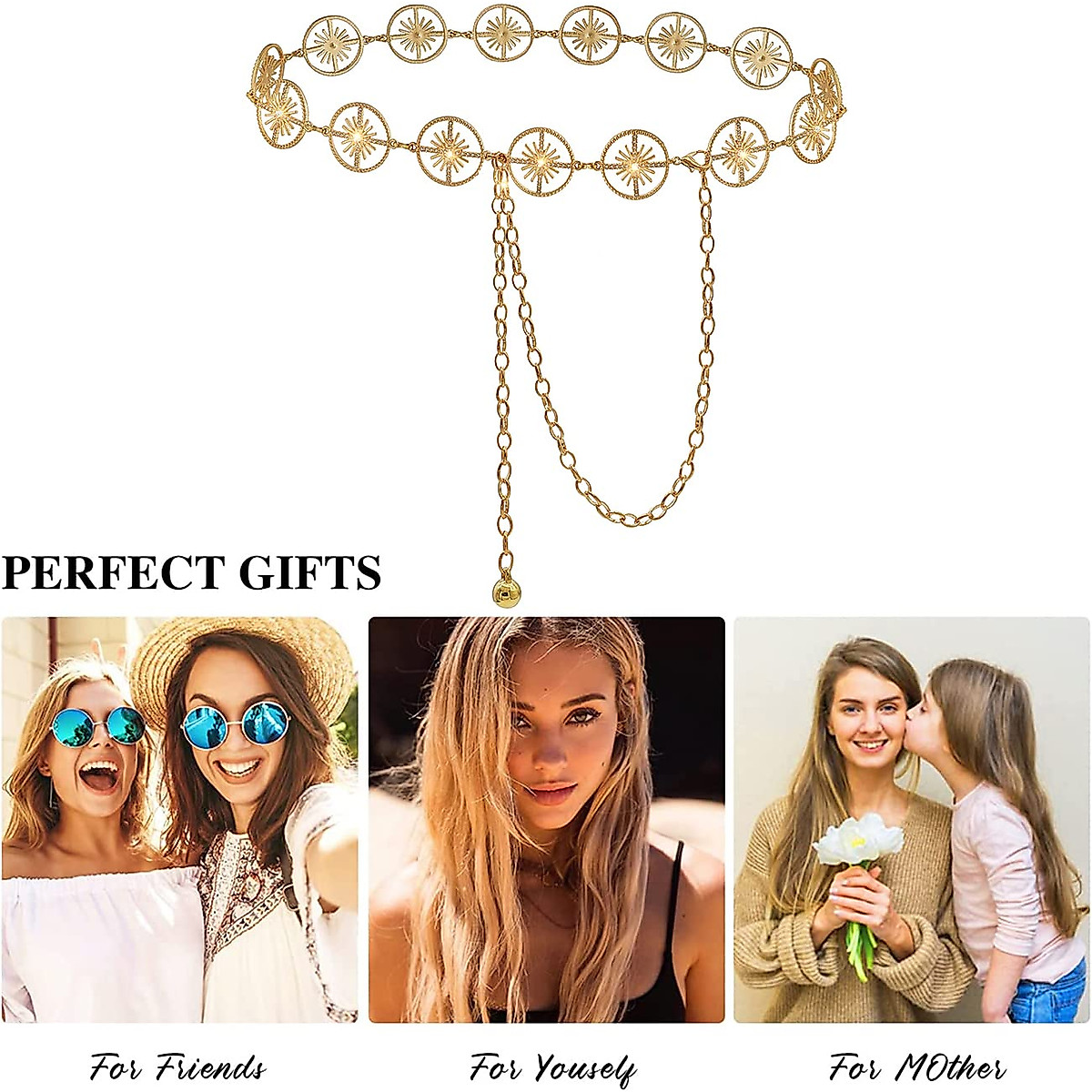 Glamorstar Chain Belts for Women Hollow Metal Waist Chain Belts Dress Belt for Her Circle Crystal Compass Gold 150CM