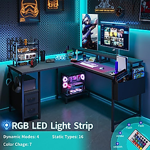 Lufeiya L Shaped Gaming Desk with Led Lights and Power Outlets, 47 Inch Corner Home Office Desk with Monitor Stand Shelves, Writing Study Computer Desks with Fabric Drawers for Bedroom, Black