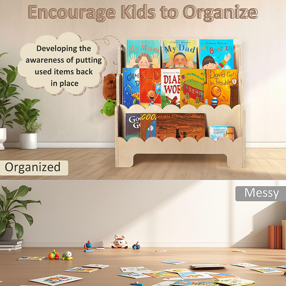 Tohiasen Kids Bookshelf Wooden 3-Tier, Scalloped Book Shelf for Kids Rooms, Front Facing Toddler Montessori Bookshelf, Baby Nursery Book Shelves Kids Classroom Bookshelf Bookcase