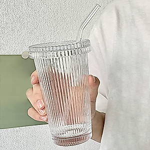 YAHUIPEIUS Glass Tumbler Stripe Glass Cup Coffee Cup With Lid and Straw Drinking Glasses for Water,Iced Coffee,Milk,Tea,Juice (A-Stripe)