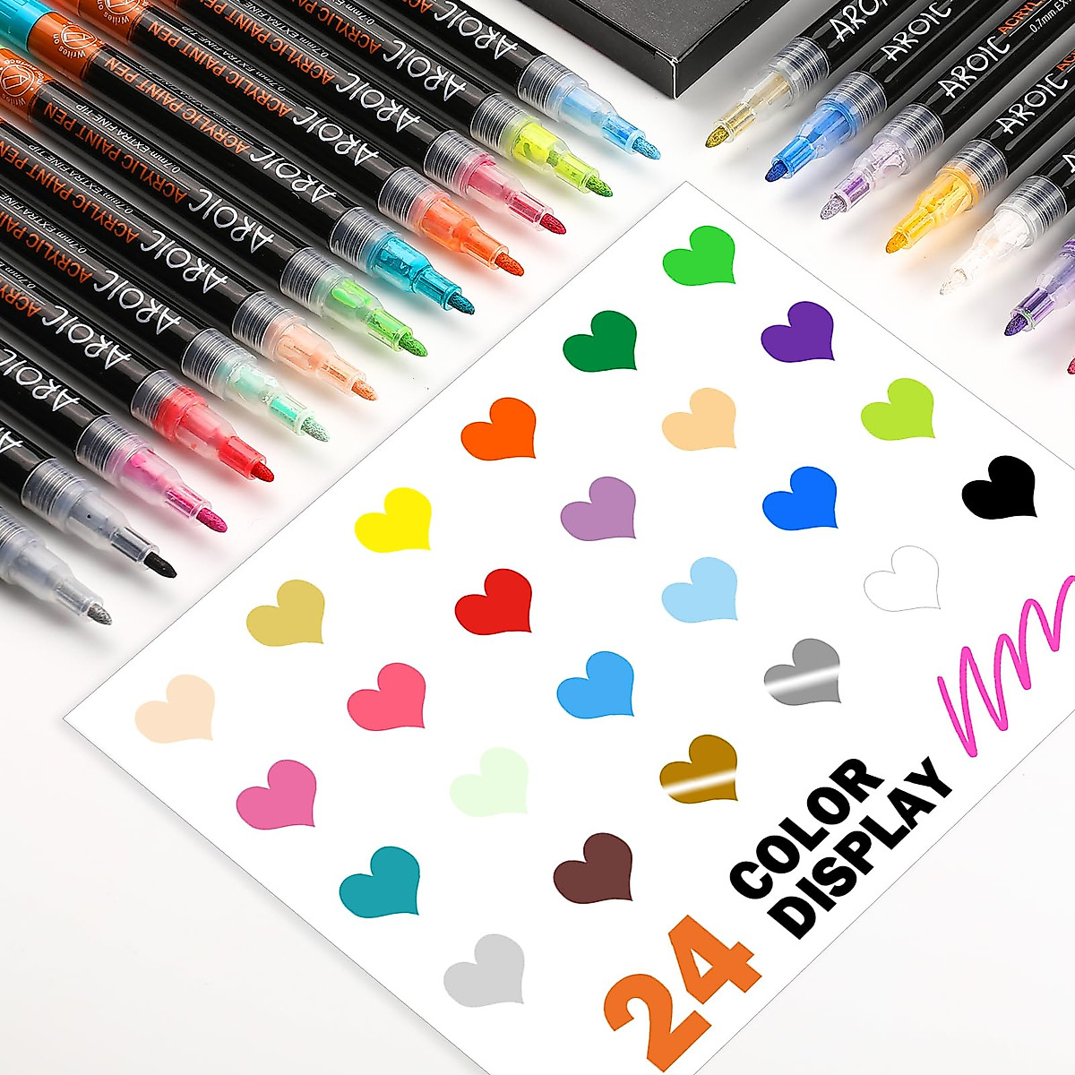 AROIC 24 Pack Acrylic Paint Pens for Rock Painting Fine Point Paint Markers Acrylic Paint Markers For Wood,Metal,Plastic,Glass,Canvas, Ceramic,Craft markers,Halloween Pumpkin Painting And More.