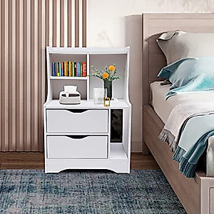 XUANIIIL White Nightstand, Mid-Centry Modern Bedside End Table with 2 Drawers, Easy Assembly Wood Sofa Side Table Storage Cabinet for Living Room, Bedroom
