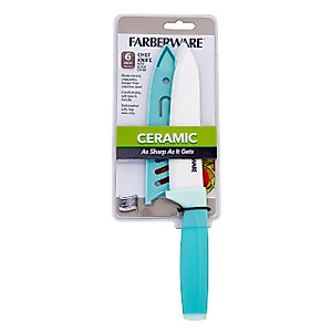 Farberware Ceramic Chef Knife with Custom-Fit Blade Cover, Razor-Sharp Kitchen Knife with Ergonomic, Soft-Grip Handle, Dishwasher-Safe, 6-inch, Aqua