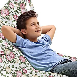 Lunarable Roses Lounger Chair Bag, Gentle Seasonal Garden Inspiration Fresh Petals Rosebuds with Green Leaves, High Capacity Storage with Handle Container, Lounger Size, Pale Pink Green Cream
