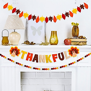 JarThenaAMCS 3Pcs Fall Thanksgiving Felt Garland Thankful Turkey Maple Leaf Hanging Garland Colorful Pom Ball Banner for Autumn Home Wall Fireplace Decor