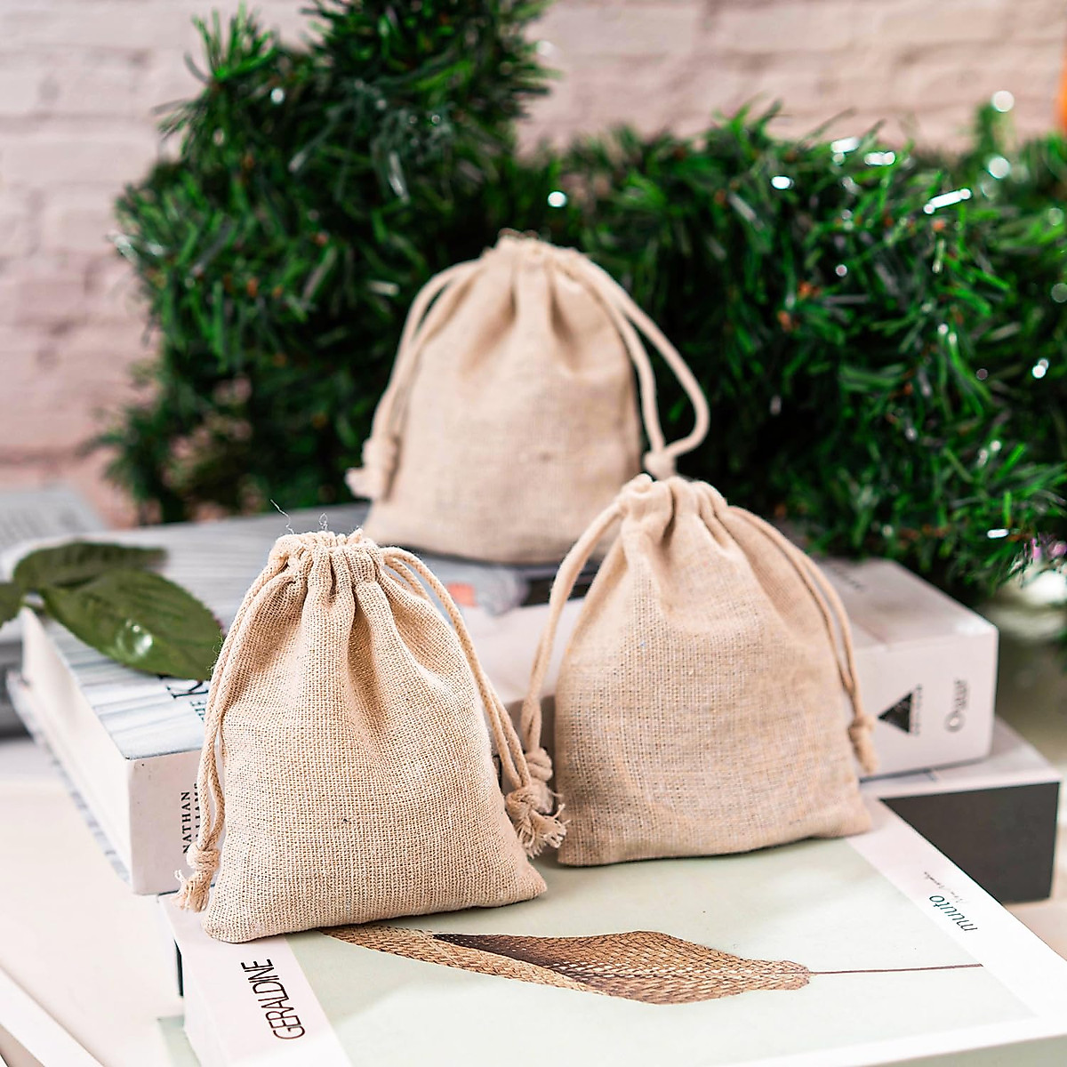 handrong 50pcs Small Cotton Double Drawstring Bags Reusable Muslin Cloth Gift Candy Favor Bag Jewelry Pouches for Wedding DIY Craft Soaps Herbs Tea Spice Bean Sachets Christmas, 3x4 inch