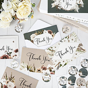 AnyDesign Boho Floral Thank You Cards Bulk 30 Pack Fall Rustic Greeting Cards with Stickers Envelopes Watercolor Flower Blank Appreciation Note Cards for Birthday Wedding Thanksgiving Baby Shower