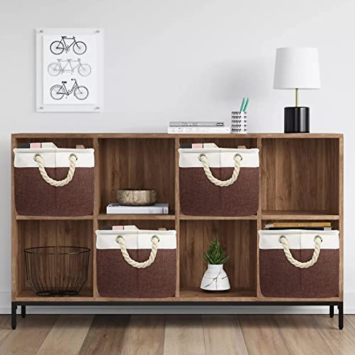 IMQSQIK Foldable Storage Bin 2 Pack, Large Fabric Storage Bin with Coarse Hemp Rope Handles, Gift Baskets Empty for Organizing Closet Nursery Shelves ( 15x 11 x 8 inches, Khaki White)