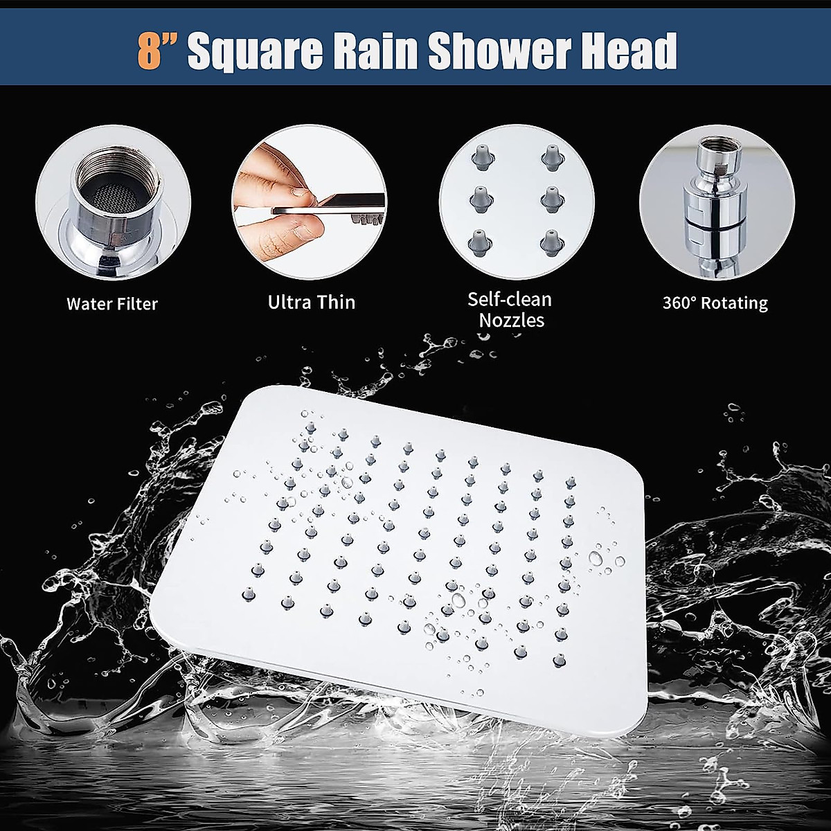VXV Rainfall Shower Head Combo, 8'' High Pressure Rain Shower Head with 6 Function Handheld Spray, Dual Shower Head Combo with Adjustable Slide Bar, Chrome