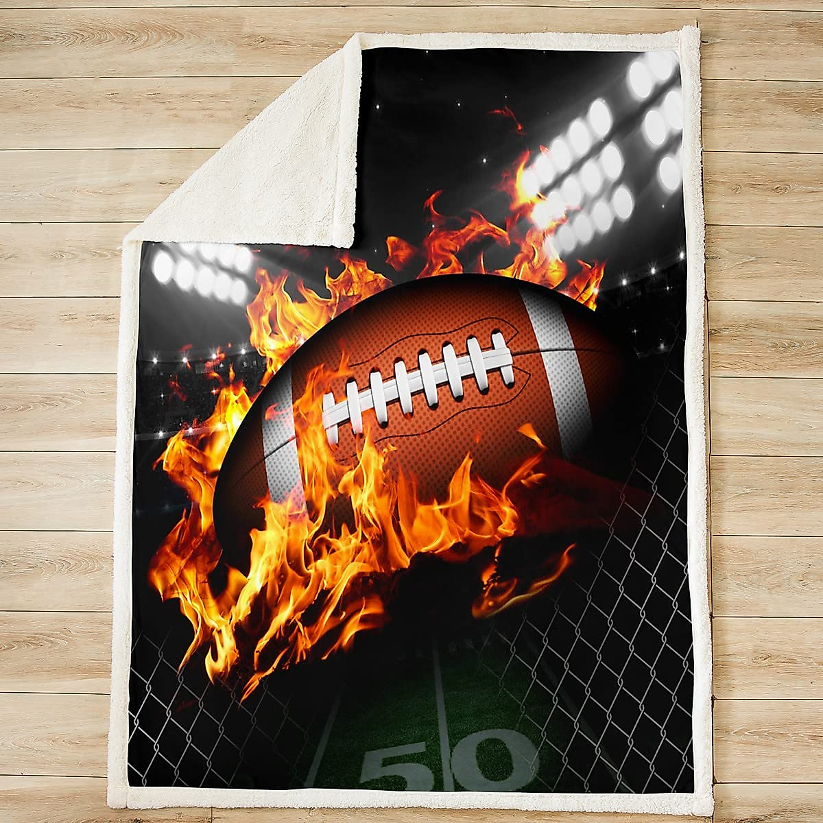 American Football Bed Blanket Kids Girls Sports Theme Sherpa Blanket Soft Cozy Lightweight Flame Football Plush Fleece Black and Gold Blanket Gifts for Bed Chair Office Sofa(Throw 50"x60")